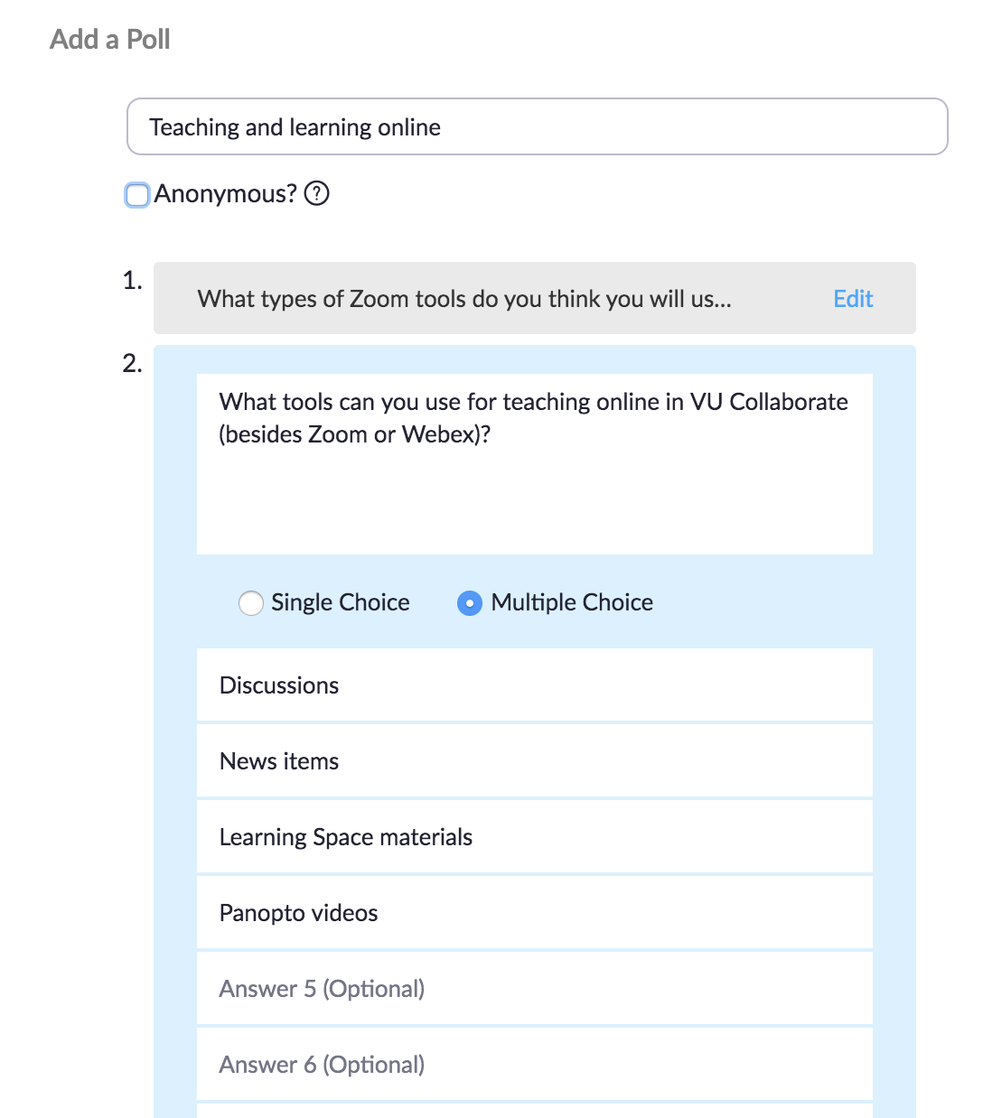 Creating a poll in Zoom